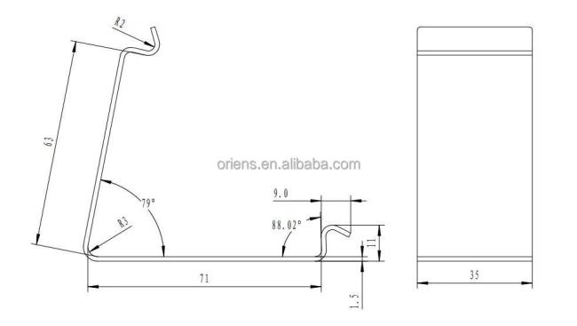 C058 crate clip drawing showing 71 mm and 63 mm profile dimensions, 35 mm width and 1.5 mm material thickness