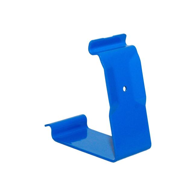 Second view of the blue powder-coated crate clip showing its bend and rolled ends