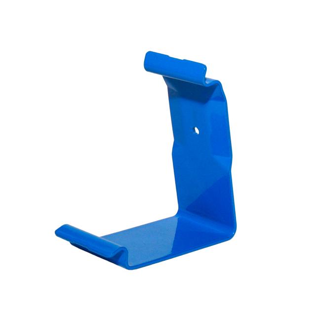 Blue powder-coated wooden box crate clip with rolled edges and round hole