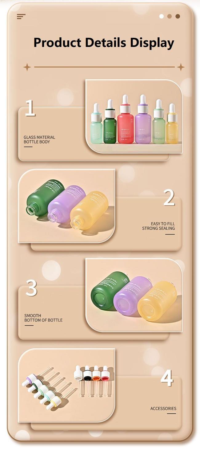 Glass essence bottle detail display, thick bottom, frosted surface, dropper cap and sealing structure