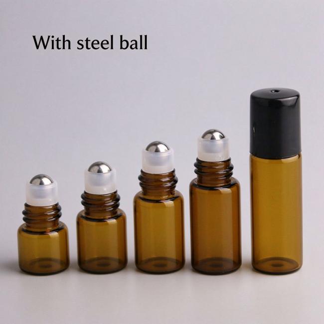 Amber glass roll on bottles fitted with steel roller ball
