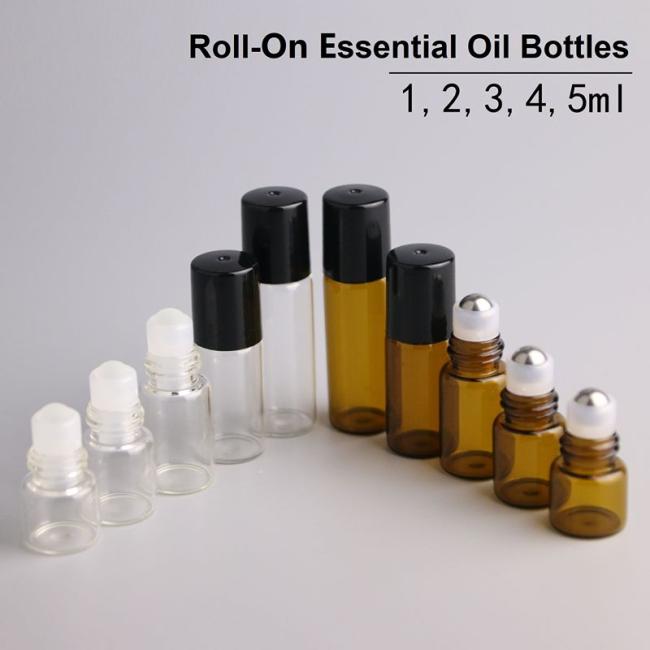 Full range 1-5ml glass roller bottles in amber and clear colors