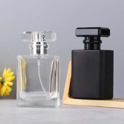 China 30ml 50ml flat square glass perfume dispenser bottle Liquid spray perfume bottle glass cosmetic empty bottle for sale