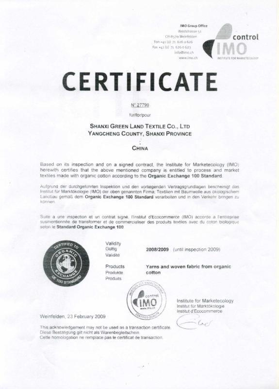 Certification of the Orangnic Cotton - DONG GUAN YU DI LANYARDS AND PROMOITONS COMPANY LIMITED