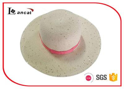 Cina Cappello di paglia Brimmed sgualcibile delle signore a paillettes ampio con la banda costolata di Bowknot rosa in vendita