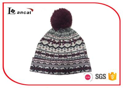 Cina Nessuna linea l'inverno Cuffed jacquard tricotta i cappelli con Pom, cappello del Beanie di Borgogna in vendita