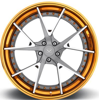 China Matt Grey Face 3PC Forged Rims Golden Polished Lip 21x9.0 And 21x12 for sale