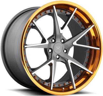 China Matt Grey Face 3PC Forged Rims Golden Polished Lip 21x9.0 And 21x12 for sale