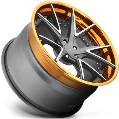 China Matt Grey Face 3PC Forged Rims Golden Polished Lip 21x9.0 And 21x12 for sale