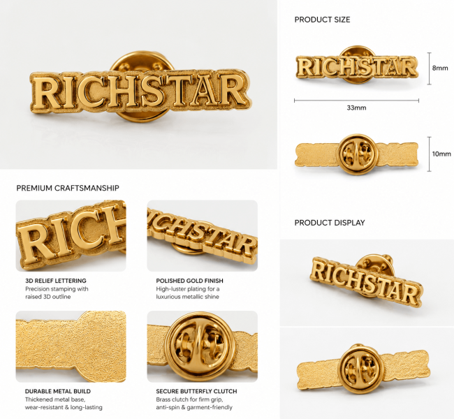 Custom Gold-Plated RICHSTAR Logo Lapel Pin with 3D Relief Lettering, Polished Finish and Butterfly Clutch