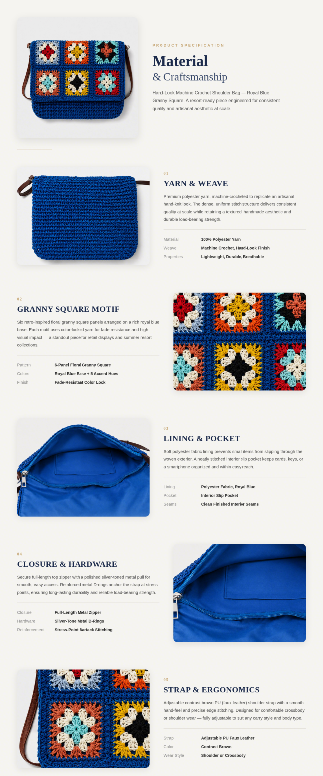 Details of Handmade Style Crochet Granny Square Shoulder Bag
