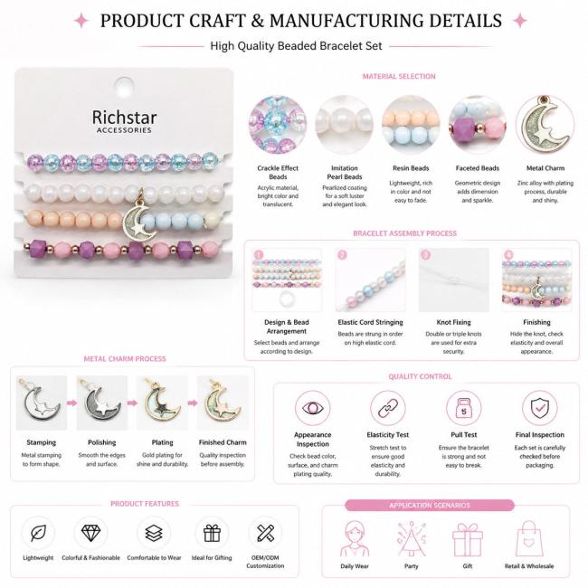 details of beaded bracelet set with crescent moon charm