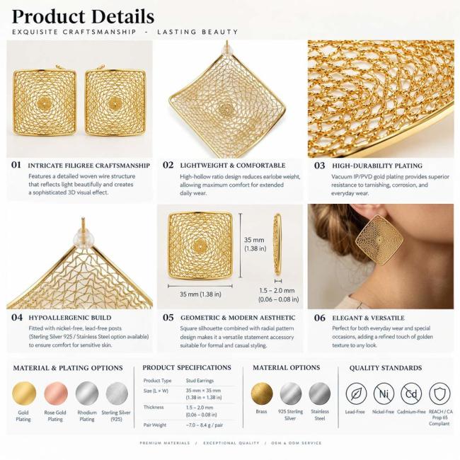 details of waterproof gold filigree wire woven square stud earrings
