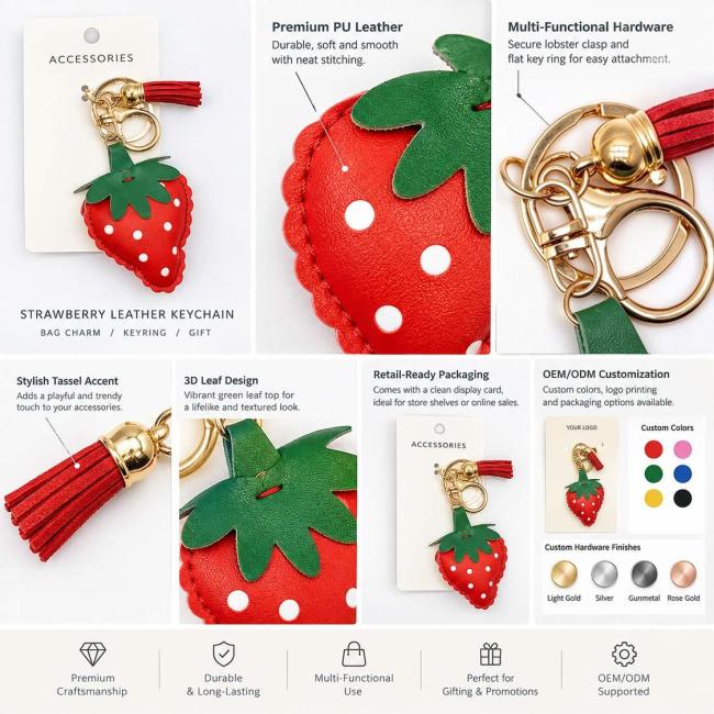 details of the cute strawberry keychain charm with tassle