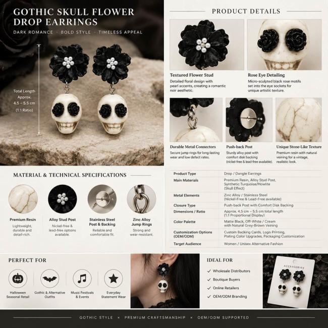 details of the foral skull dangle earrings