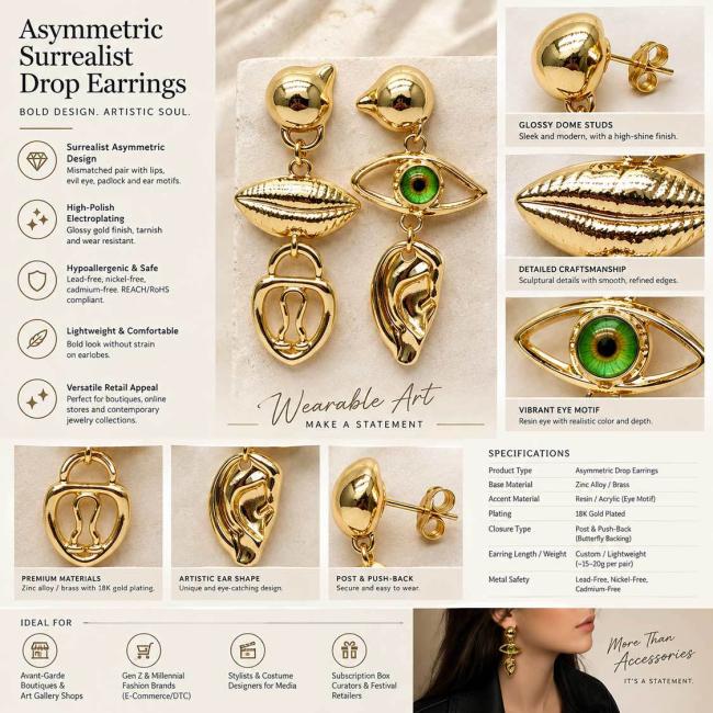 details of the asymmetric gold plated drop earrings