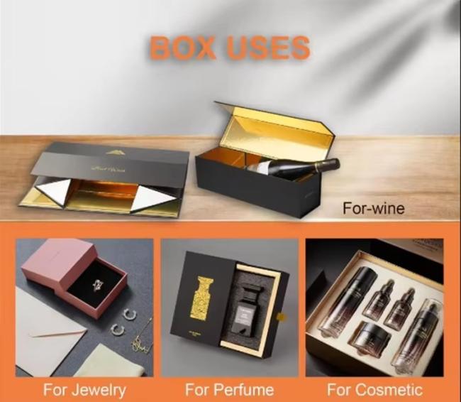 Custom logo rigid cardboard magnetic gift packaging box with EVA foam insert, shown in an open position displaying the interior foam padding