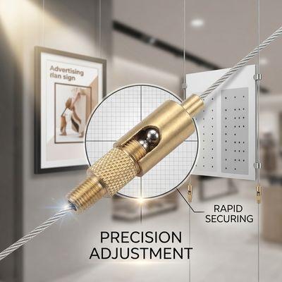 Adjustable bottom exit brass cable gripper application in signage display hanging system