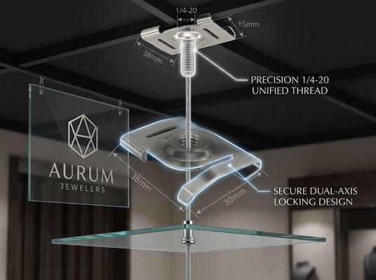 Chrome ceiling attachment holding a suspended glass display shelf