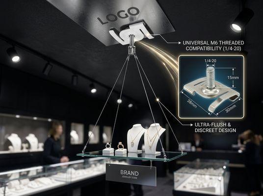 Chrome ceiling attachment used for window display cable system