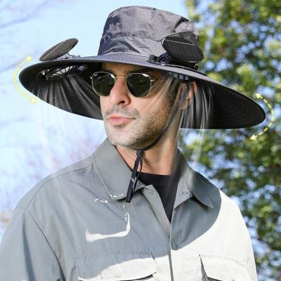 China Rechargeable Solar Fan Hat - Adjustable Wide Brim (60cm) Fishing Cap with Dual Cooling Fans & UV Protection for sale