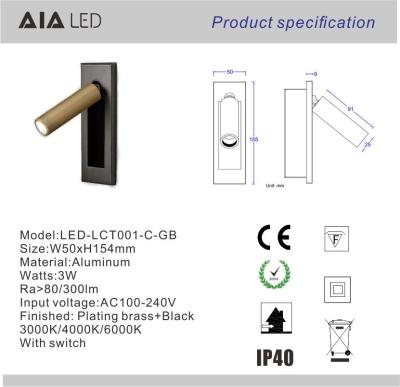 China Recessed mounted any finish reading wall light 3W led wall lamp led reading bedside lights for sale