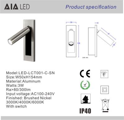 China Recessed mounted any finish reading wall light 3W led wall lamp led reading bedside lights for sale
