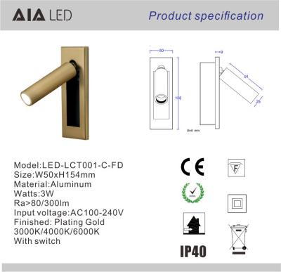 China Recessed mounted any finish reading wall light 3W led wall lamp led reading bedside lights for sale