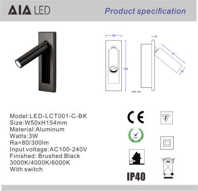 China Recessed mounted any finish reading wall light 3W led wall lamp led reading bedside lights for sale