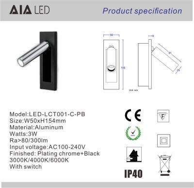 China Recessed mounted any finish reading wall light 3W led wall lamp led reading bedside lights for sale