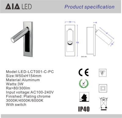 China Recessed mounted any finish reading wall light 3W led wall lamp led reading bedside lights for sale