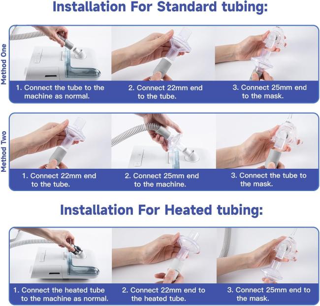 Packaging and dimensions of universal CPAP inline filter compatible with ResMed AirSense and DreamStation