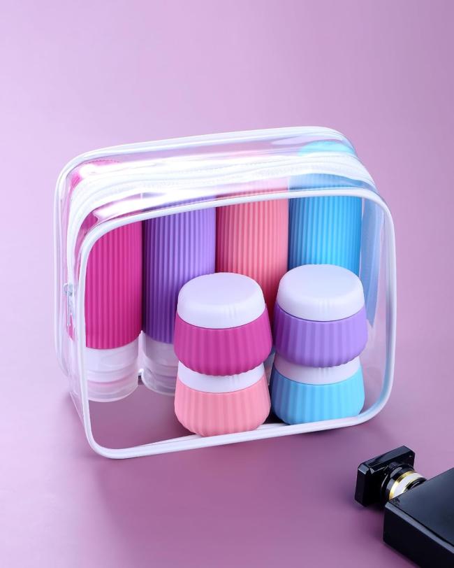 Gray silicone travel bottle set showing multiple pieces