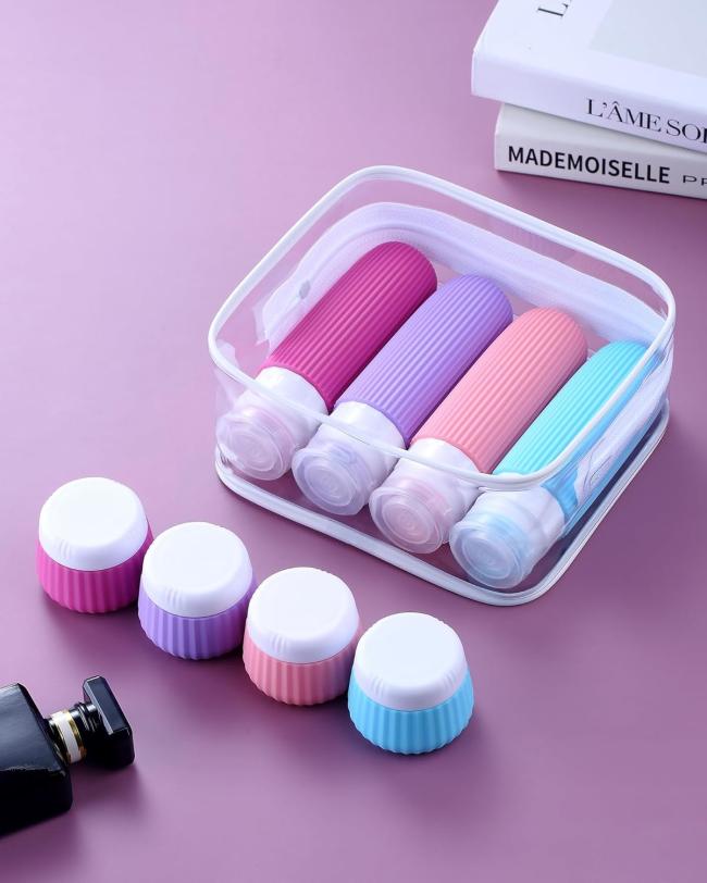 Silicone travel bottles arranged in packaging