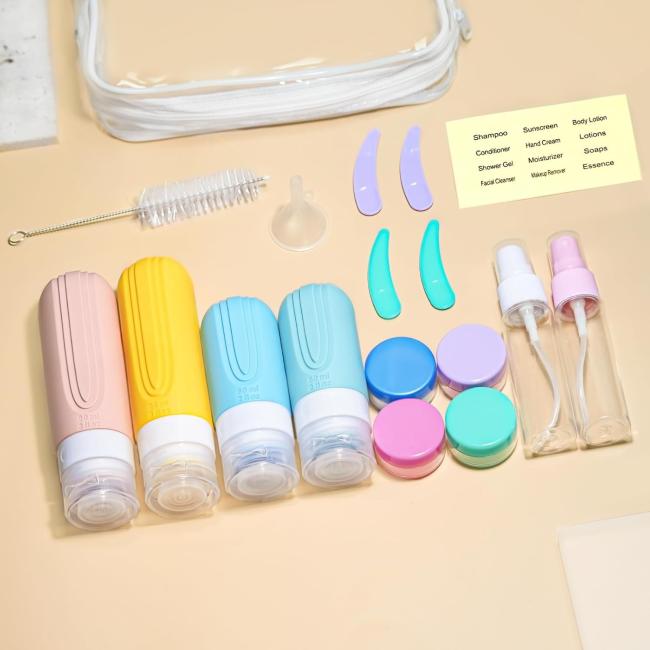 Travel bottle set organized in transparent zipper bag