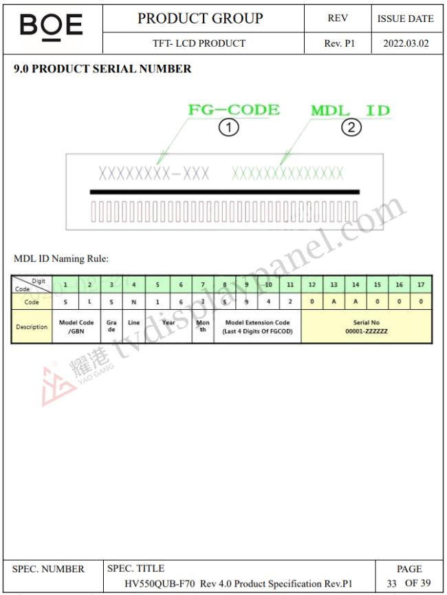 Product marking sticker showing model HV550QUB-F5B