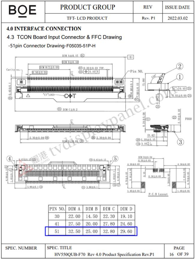 Connection diagram for HV550QUB-F5B display panel