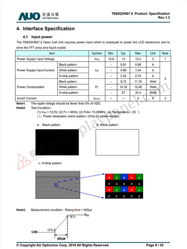 Interface specifications for AUO T650QVN07.9 LCD panel