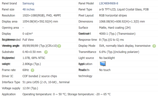 Detailed specifications of Samsung LSC480HN08 LCD panel