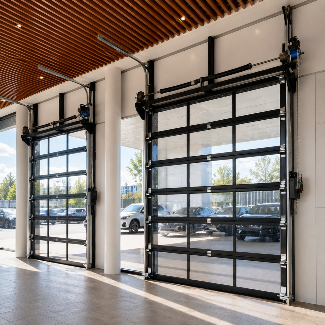 Aluminum panoramic glass garage door installation showing sleek frame and transparent glass panels