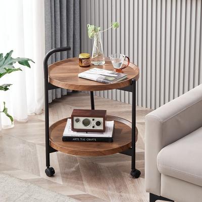 China Round Sofa Side Table Small Coffee with Wheel Bedside Simple Two Layer Platform Storage Cart in Living Room and Bedroom for sale