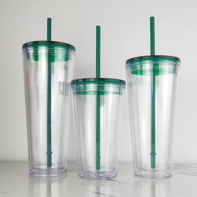 Κίνα Εξωτερικά Διαυγές Ροζ Πράσινο 16oz 24oz Απομονωμένα διπλό τοίχωμα πλαστικό ακρυλικά φλιτζάνια Tumbler με καπάκια και άχυρο προς πώληση