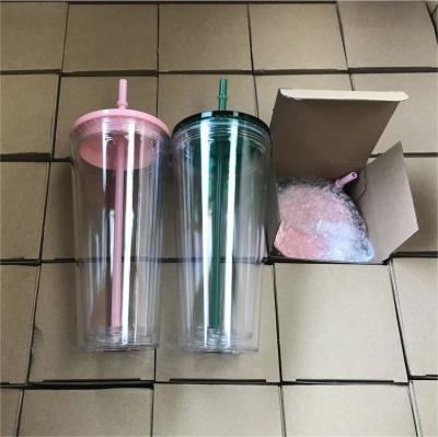 Κίνα Εξωτερικά Διαυγές Ροζ Πράσινο 16oz 24oz Απομονωμένα διπλό τοίχωμα πλαστικό ακρυλικά φλιτζάνια Tumbler με καπάκια και άχυρο προς πώληση