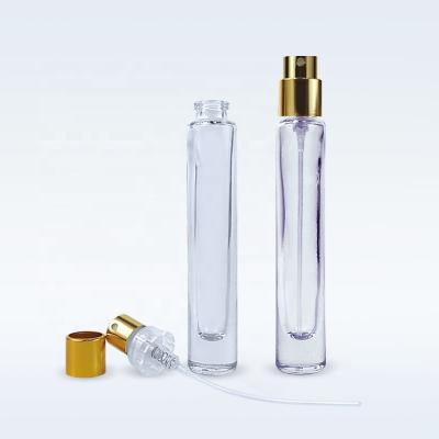 China Custom Made Small Clear Crimp Neck Round 10ml Thick Bottom Empty Glass Perfume Bottle With Atomizer for sale