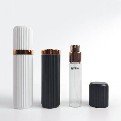 China Stripe Plastic Shell Screw Sealing 5ml 8ml Empty Travel Spray Magnetic Cap 10ml Glass Mini Perfume Bottle for sale