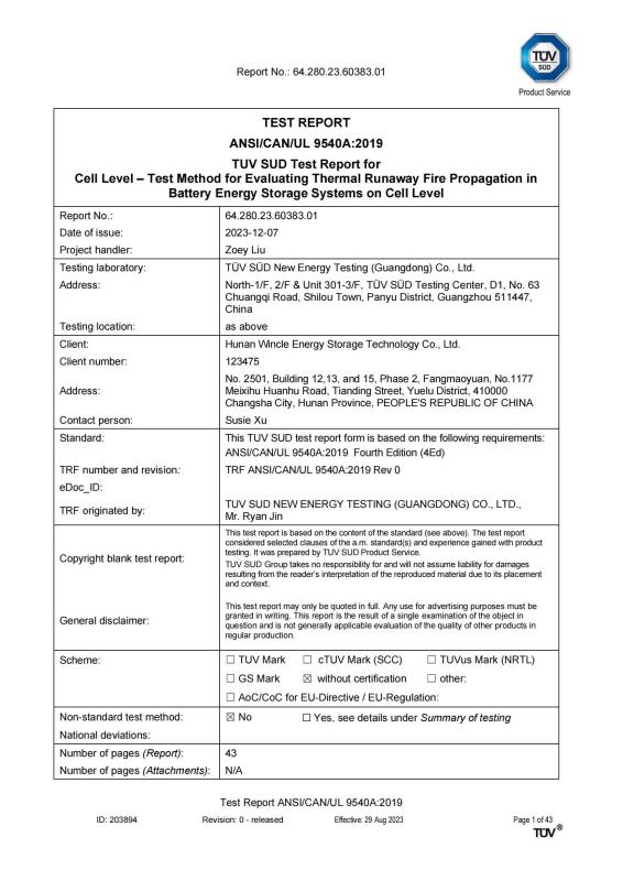 ANSI/CAN/UL 9540A:2019 - Wenergy Technologies Pte.Ltd.