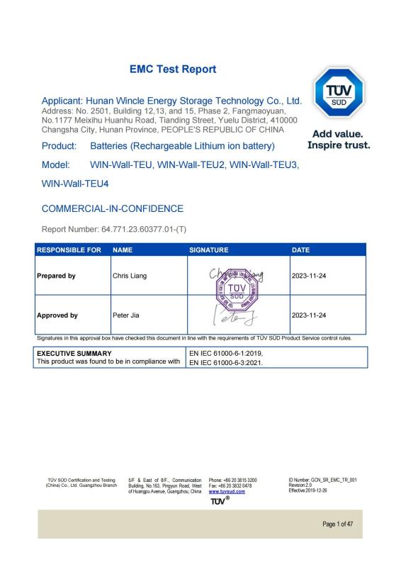 EMC Test Report - Wenergy Technologies Pte.Ltd.