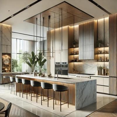 Solid Light Brown Ash Wood Kitchen Cabinets with Luxury Designs Stainless Steel Countertop & Sink for Apartment Kitchen
