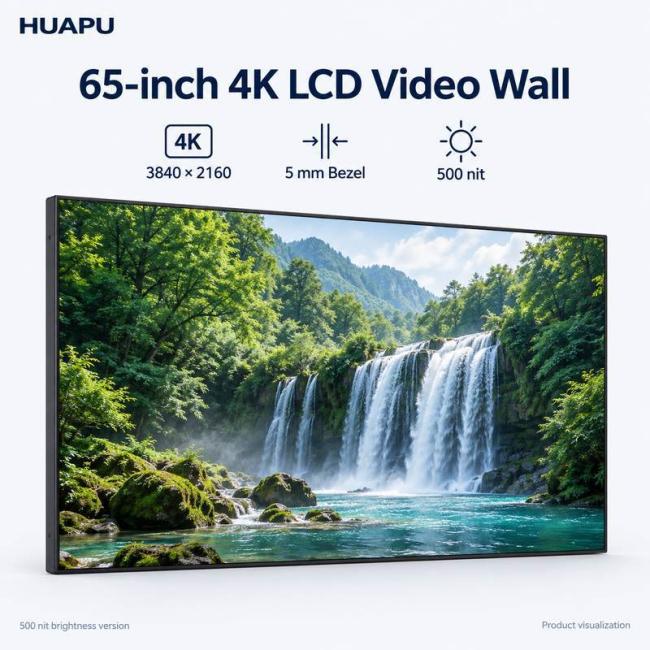 HUAPU 65 inch4K LCD video wall panel, 500nit brightness,5mm bezel, product visualization