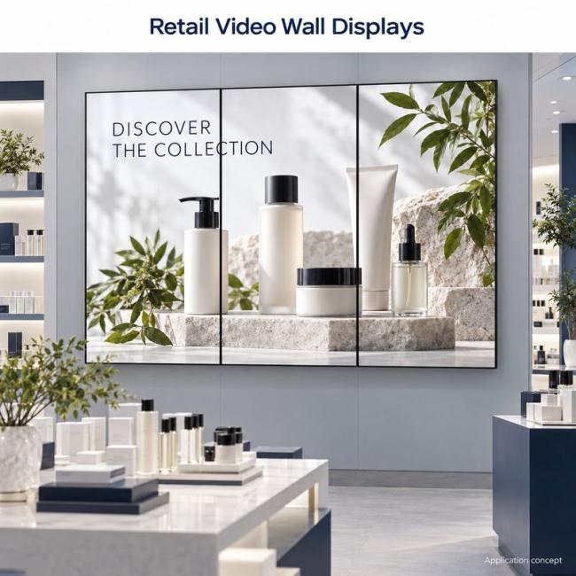 Three-panel portrait video wall for retail promotions, application concept